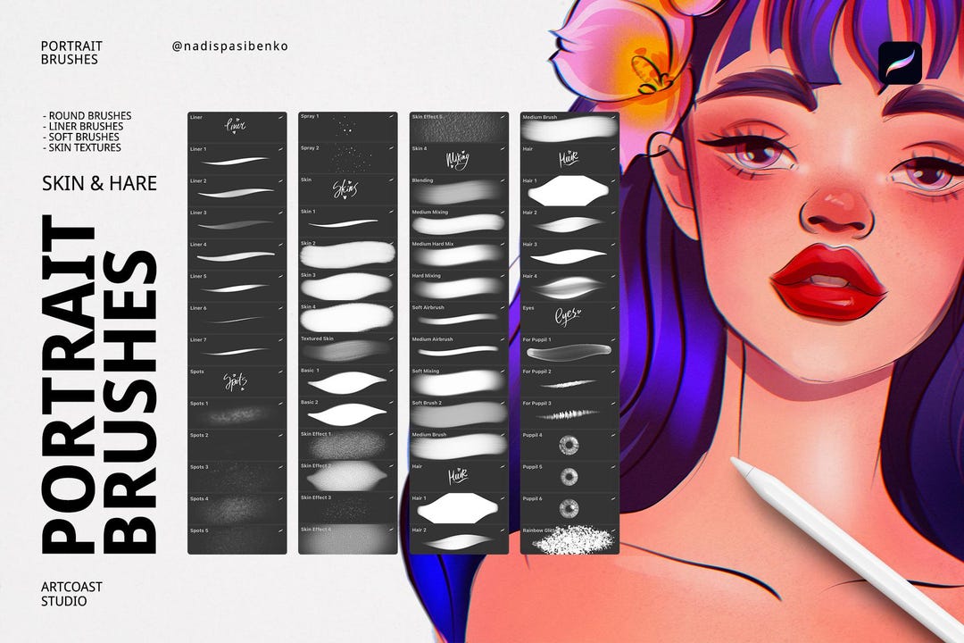 Procreate Portrait Brushes – Character, Airbrush, Liner, Hair, Skin ...