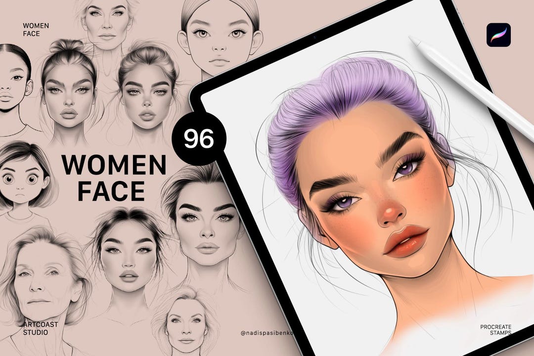 Procreate Girl Face, Women Stamps - Procreate Drawing - Digital ...
