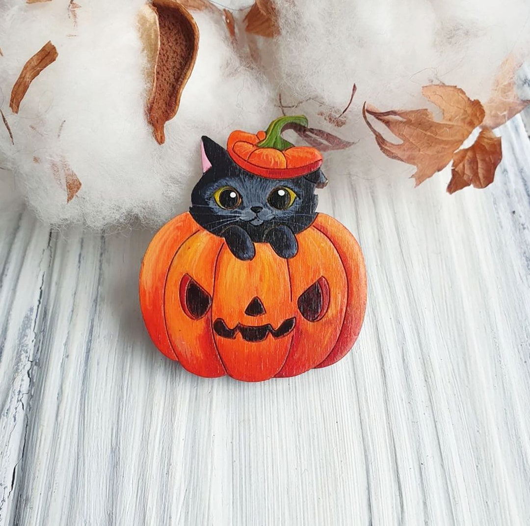 Cute Cat in an Angry Pumpkin Wood Pin Black Cat Wood Brooch Halloween ...