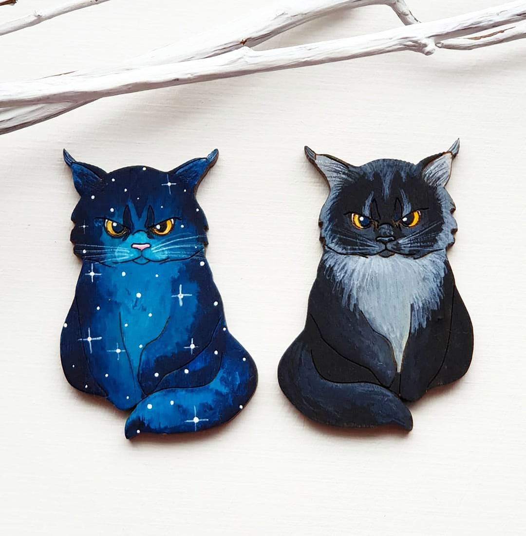 Angry Cat Wood Pin Galactic Cat Woo Brooch Black Cat Night Sky Pin Moon ...