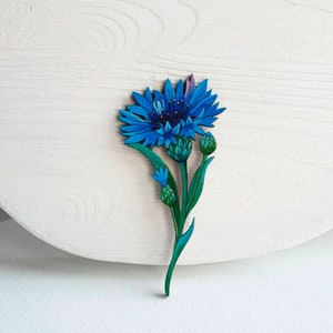 Cornflower Pin Wood Pin Flower Badge Hand Painted Summer Pin - Etsy