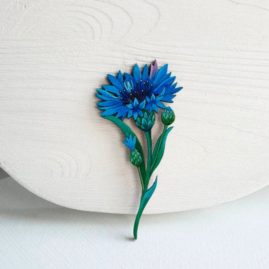 Cornflower Pin Wood Pin Flower Badge Hand Painted Summer Pin - Etsy