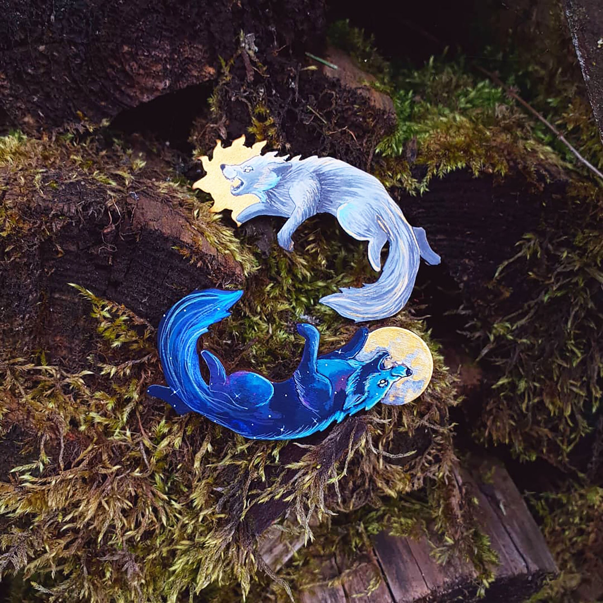 Wolf Wood Pin Hati and Skoll Wooden Broosh Hand Painted Wolf Badge - Etsy