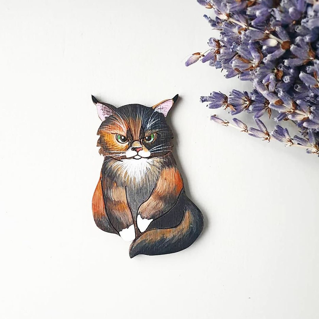 Tortie Cat Wood Pin Angry Cat Wooden Brooch Tricolor Cat Black Orange ...