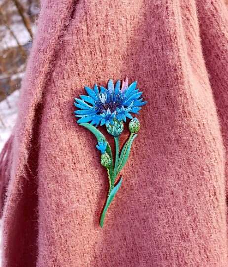 Cornflower Pin Wood Pin Flower Badge Hand Painted Summer Pin - Etsy