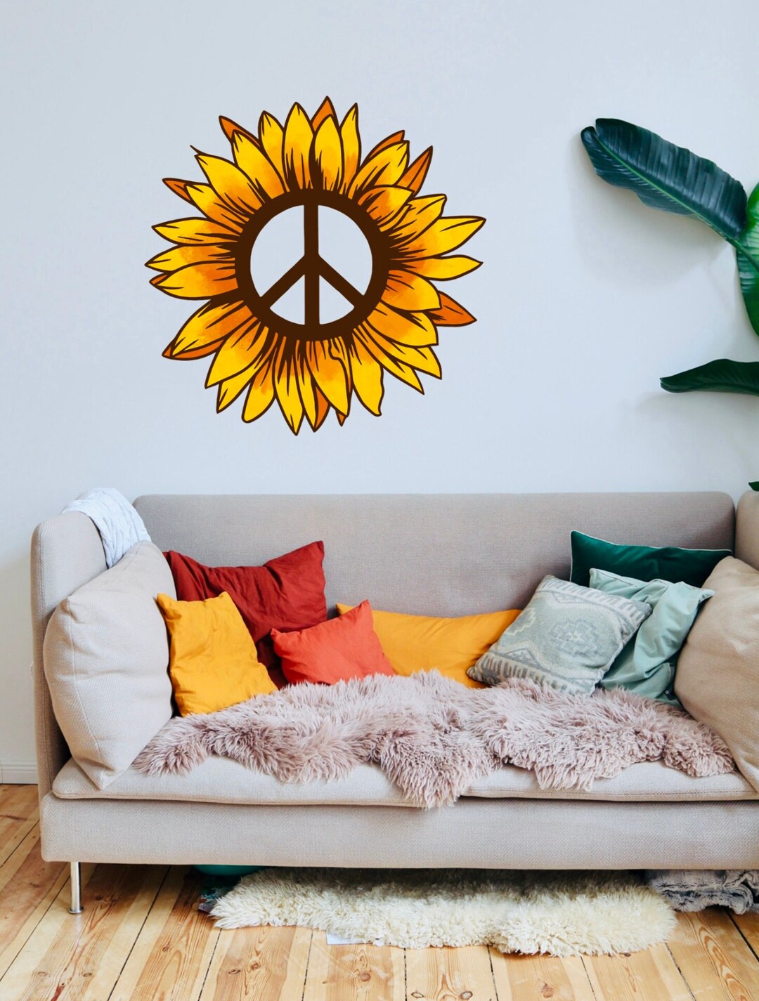 Peace Symbol Wall Decal, Sunflower Large Vinyl Sticker, Hippie Mural ...