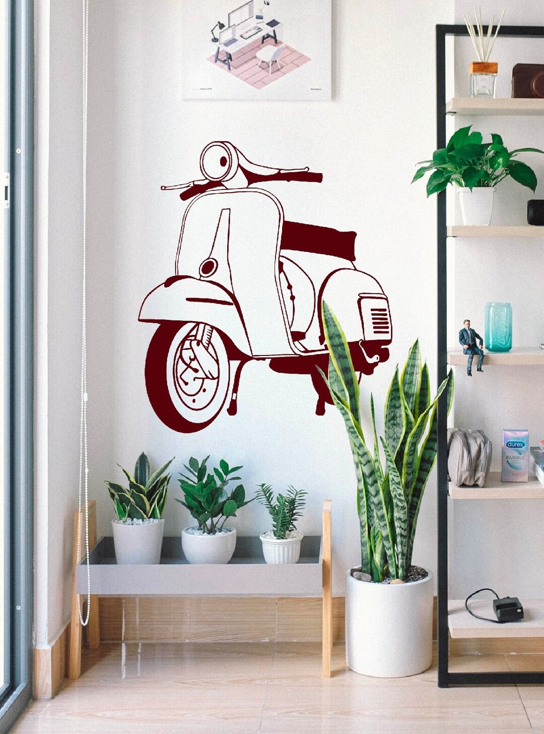 Retro Scooter Wall Decal, Vintage Vehicle Large Vinyl Sticker, Car ...