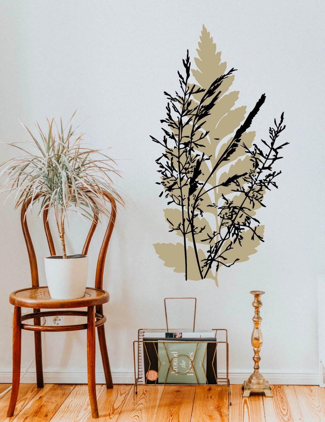 Plants Wall Decal, Farmhouse Large Vinyl Sticker, Botanical Leaves ...