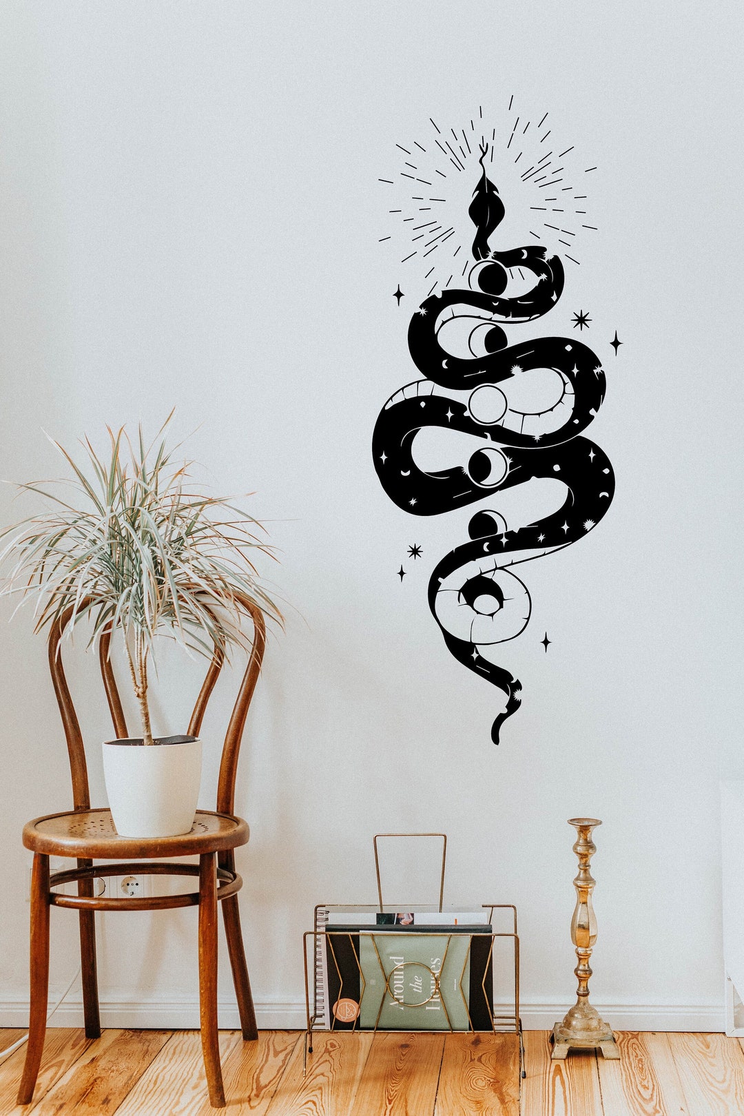 Snake Wall Decal, Witchy Large Vinyl Sticker, Moon Phases Modern Mural ...
