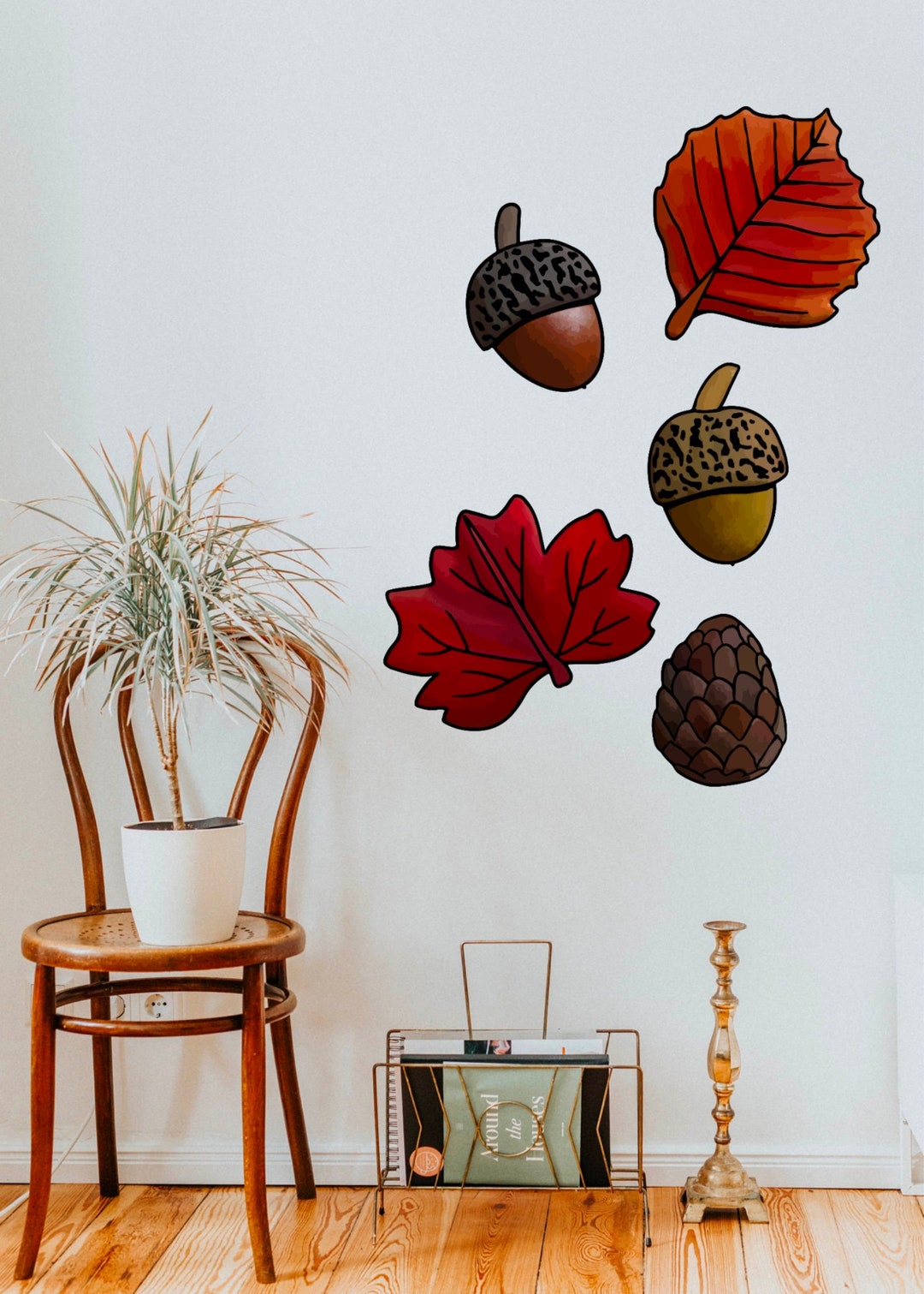 Fall Leaves Wall Decal, Acorn Large Vinyl Sticker, Modern Mural Art ...