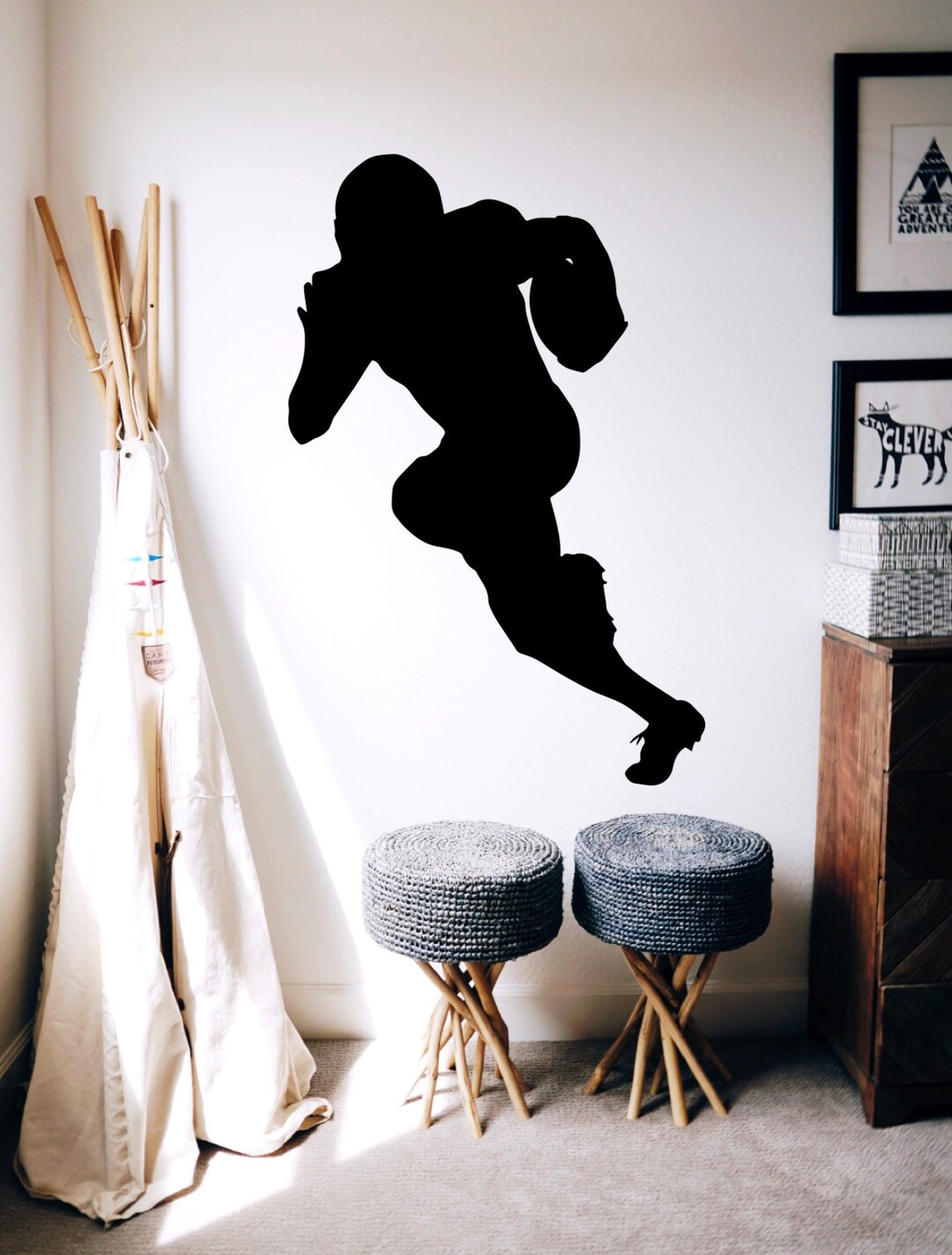 Football Player Wall Decal, Silhouette Large Vinyl Sticker, Sport Mural ...