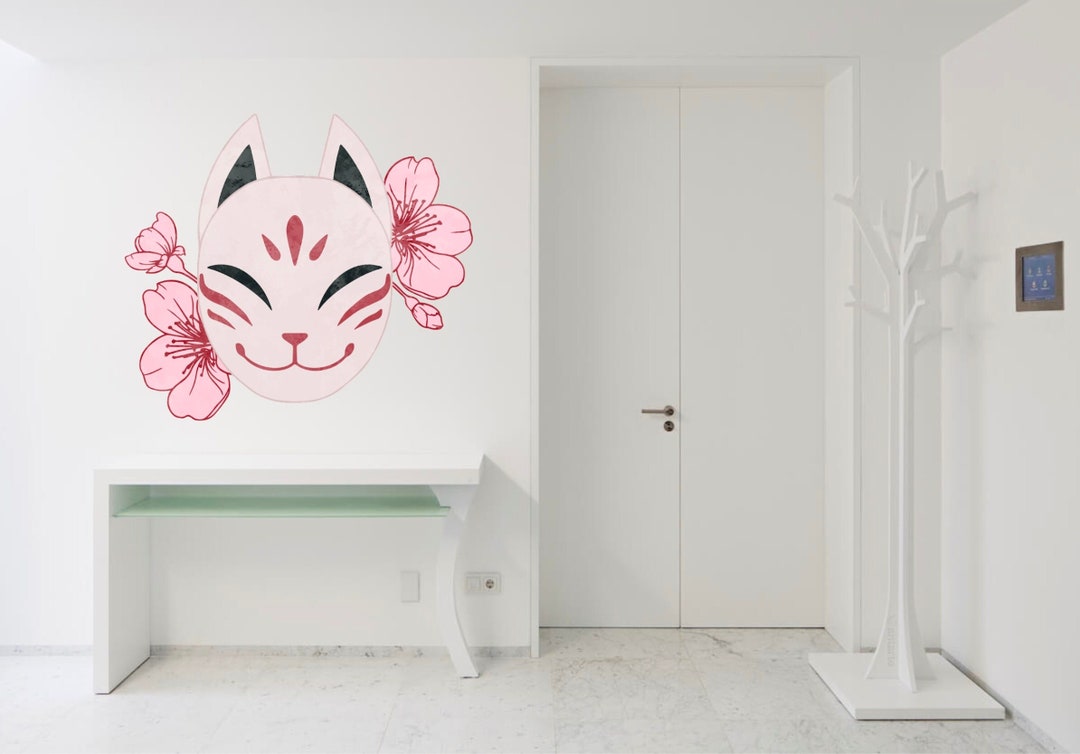 Kitsune Mask Wall Decal, Japanese Fox Large Vinyl Sticker, Asian Floral ...
