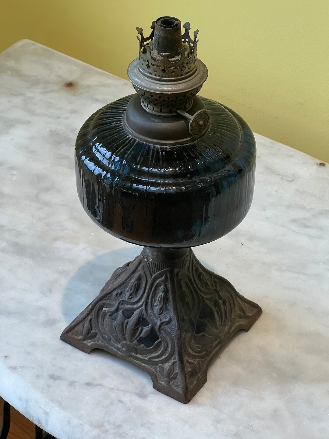 Rare and Elegant Antique Blue Crystal and Cast Iron Base Oil Lamp - Etsy