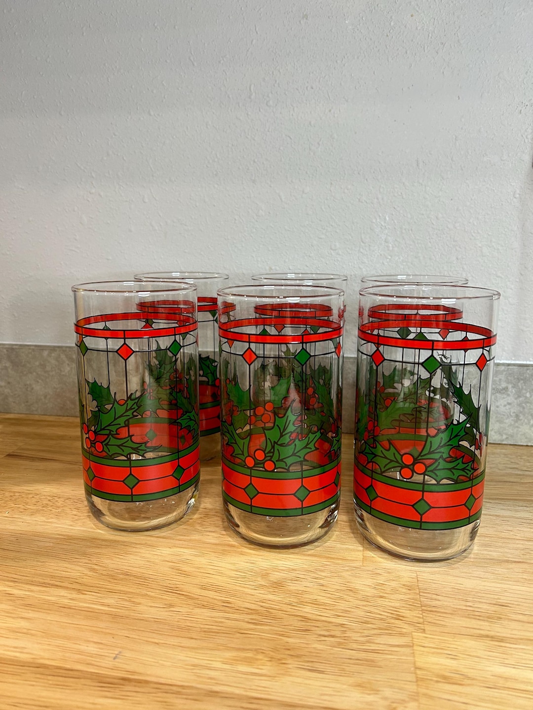 Vintage Anchor Hocking Christmas Drinking Glasses Stained Glass ...