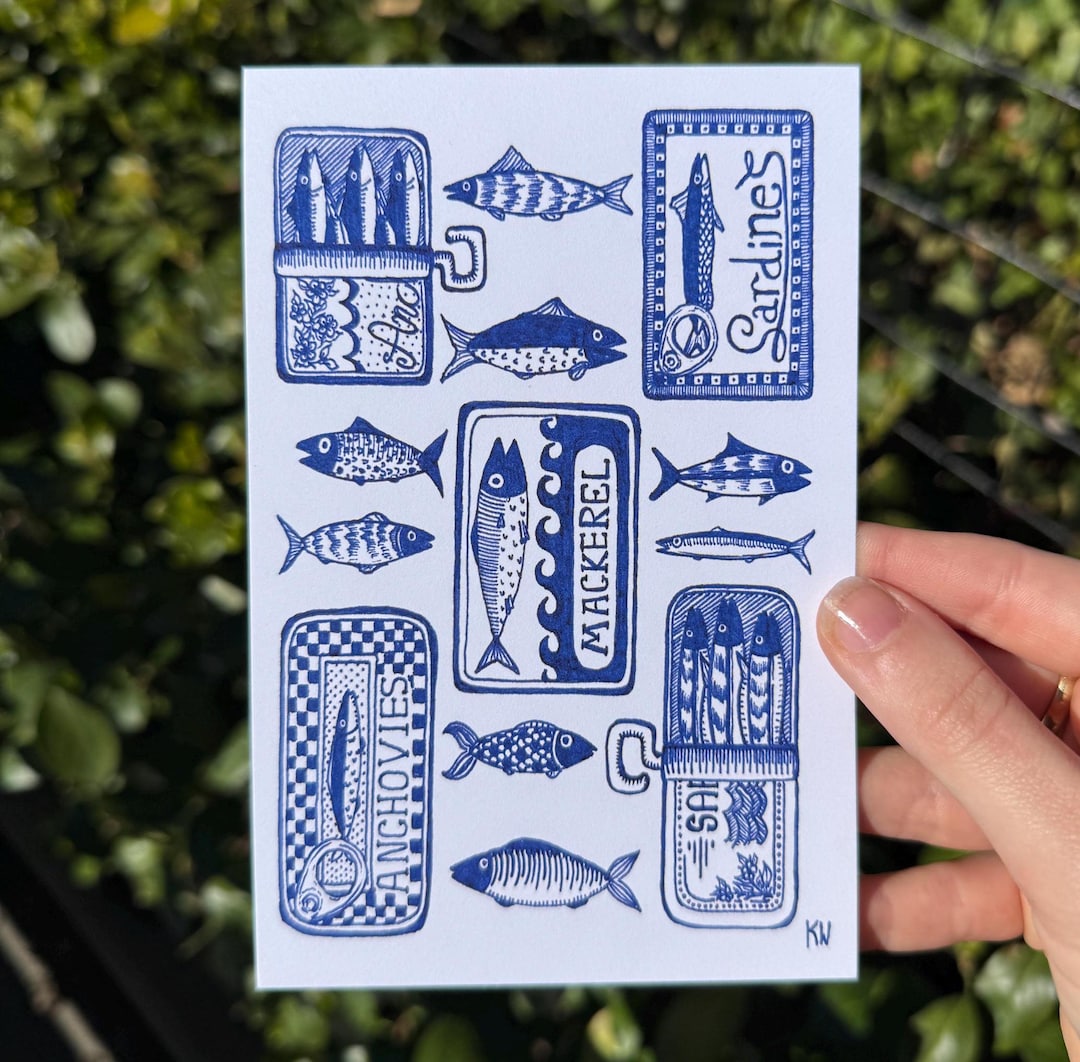 Blue Ink Sardine & Tinned Fish Art Print | 4x6 Hand-drawn Seafood ...