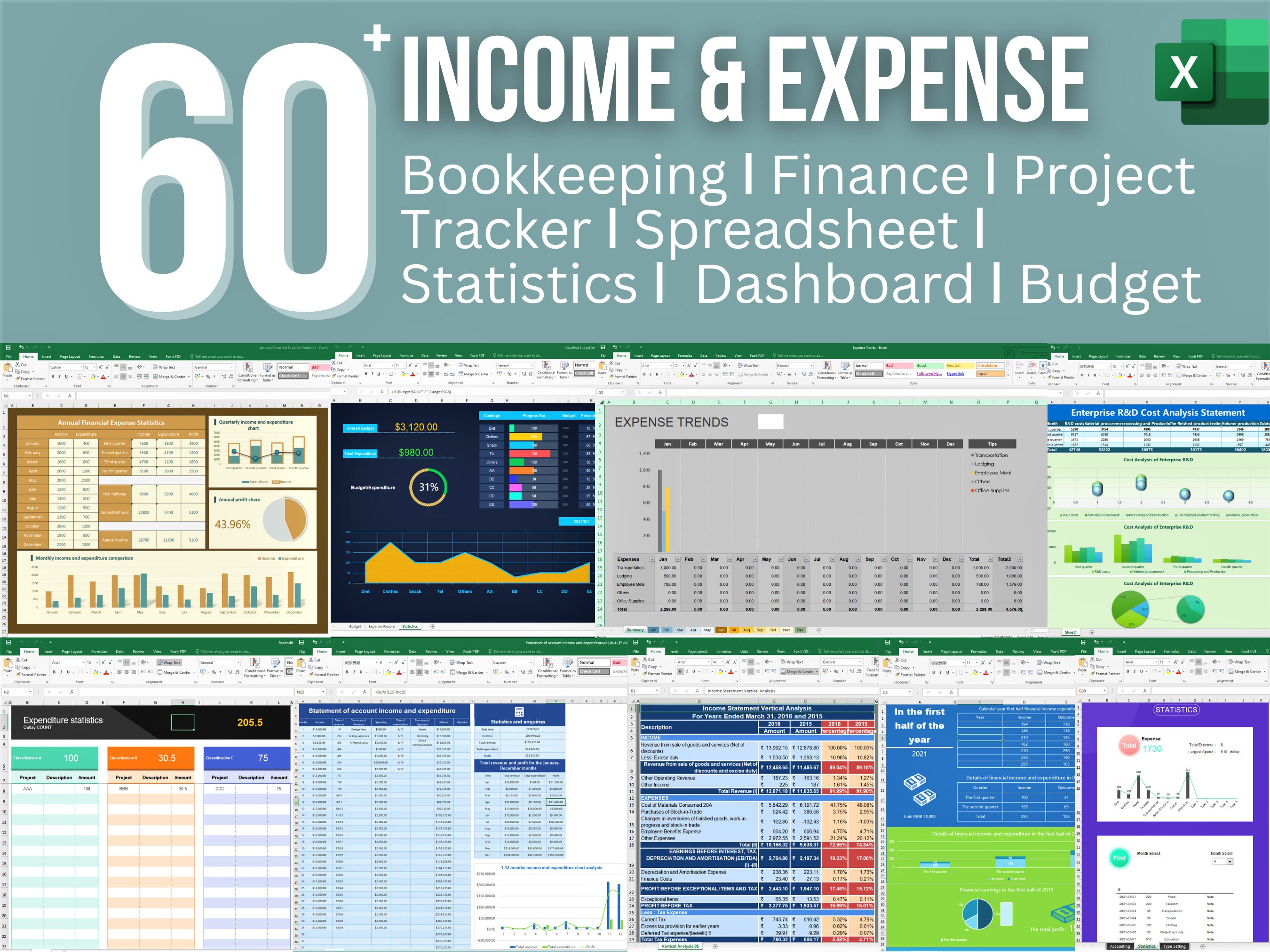 60 Income & Expense Templates: Bookkeeping ǀ Finance ǀ Project ǀ ...