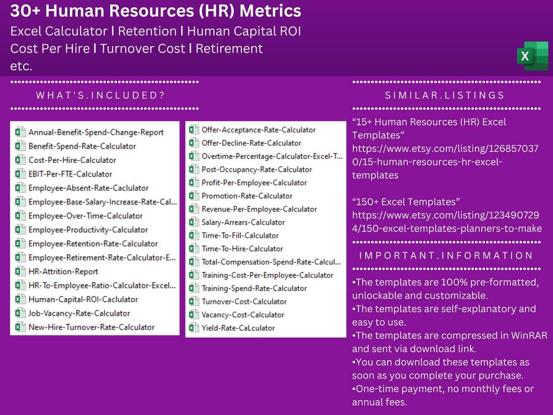 30 Human Resources HR Metrics ǀ Excel Calculator ǀ Human - Etsy