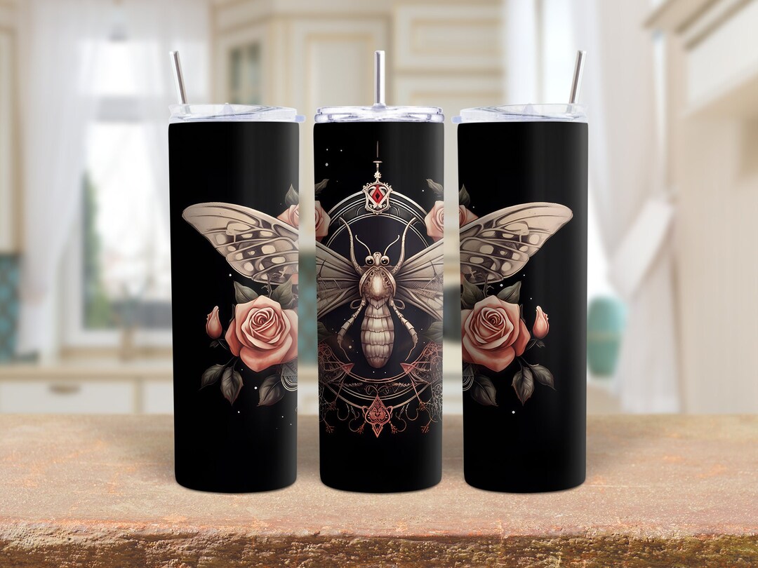 3D Moth and Pink Roses Sublimation Design for 20oz Skinny Tumblers ...