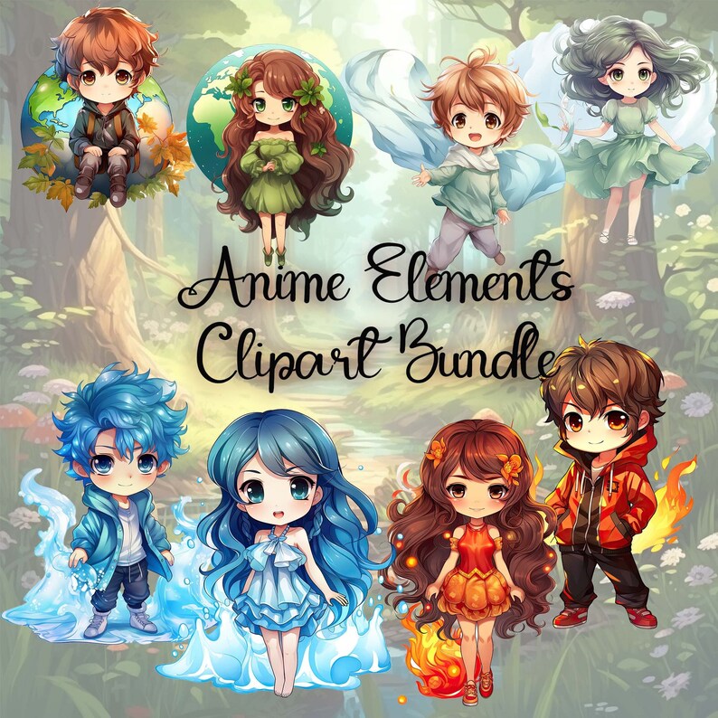 Anime Elements Clipart - Fire, Wind, Water, Earth, 8 Kawaii Characters ...
