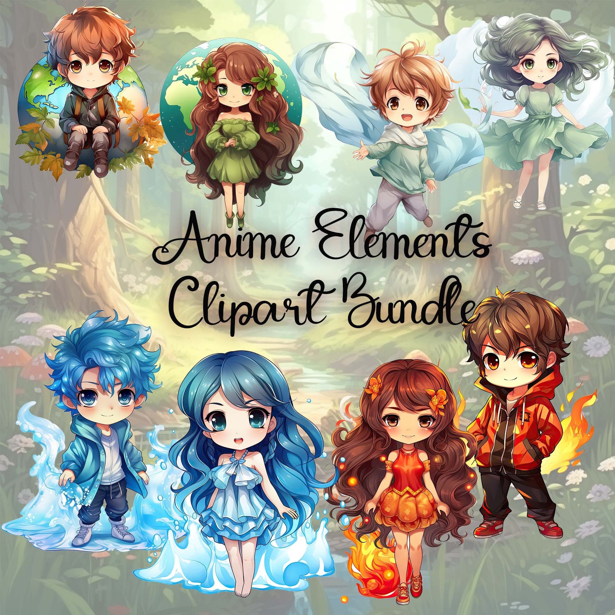 Anime Elements Clipart Fire, Wind, Water, Earth, 8 Kawaii Characters ...