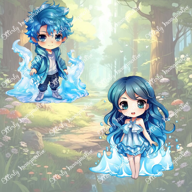 Anime Elements Clipart - Fire, Wind, Water, Earth, 8 Kawaii Characters ...