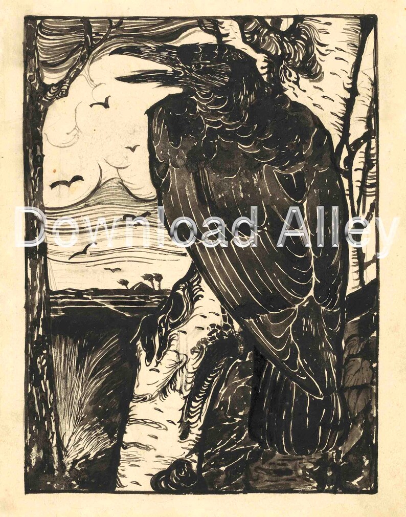Raven on a Birch Tree Jan Mankes Downloadable Black & White Crow Print ...