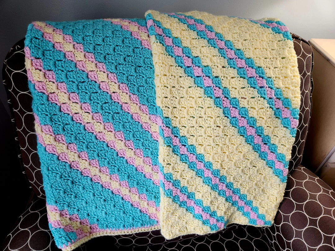Blue, Pink, and Yellow Baby Blanket Set of 2 Handmade Crocheted - Etsy
