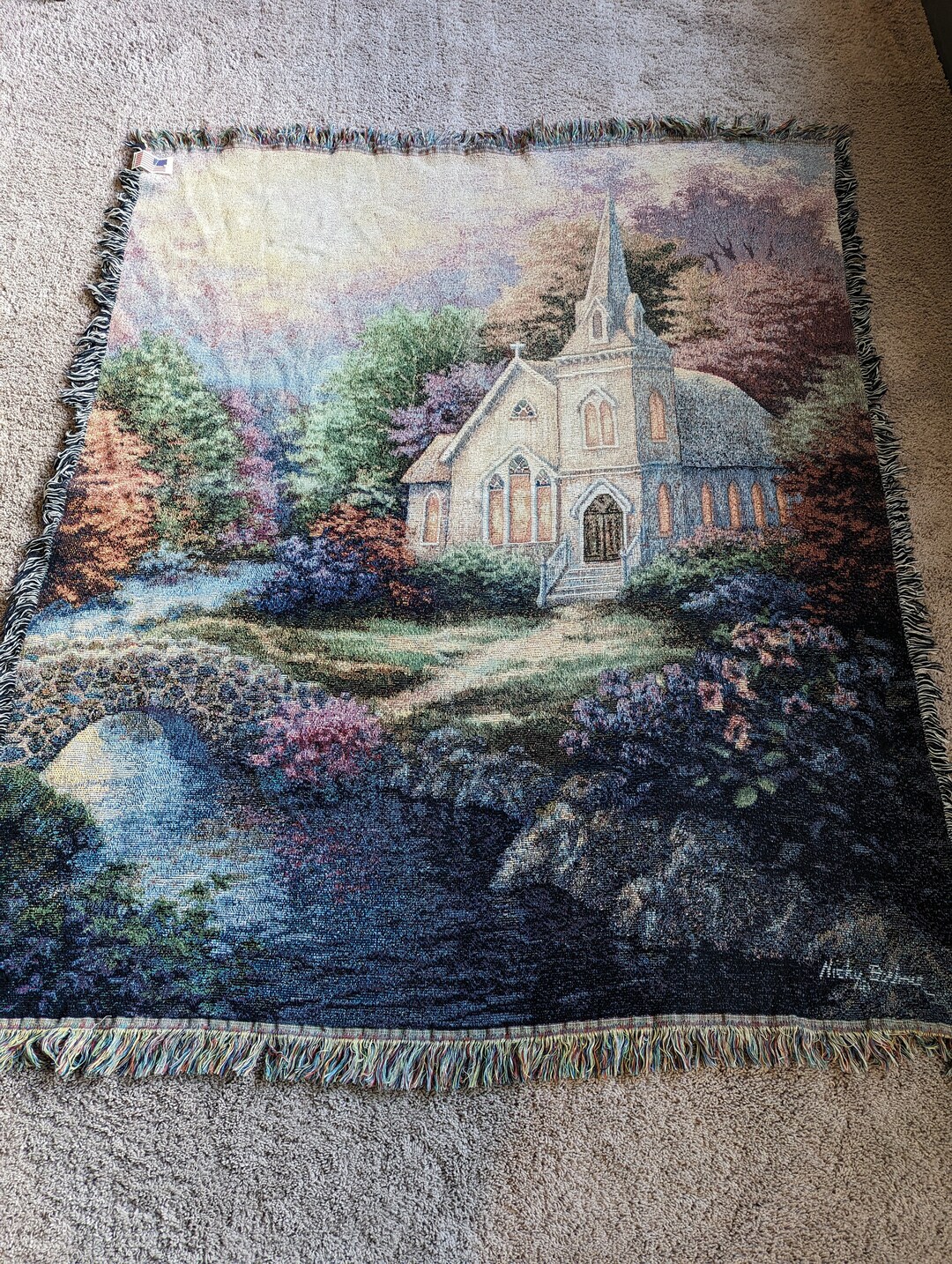 Vintage Tapestry Throw Blanket Country Church Scene With Rock Bridge ...