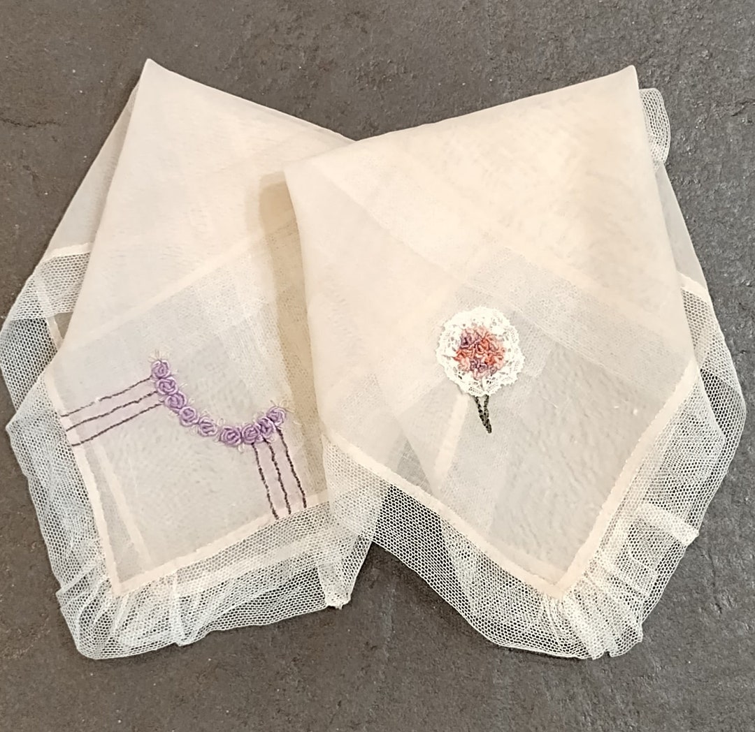Vintage Handkerchiefs (2) Ivory Color Lace Trimmed Sheer Organza? With ...