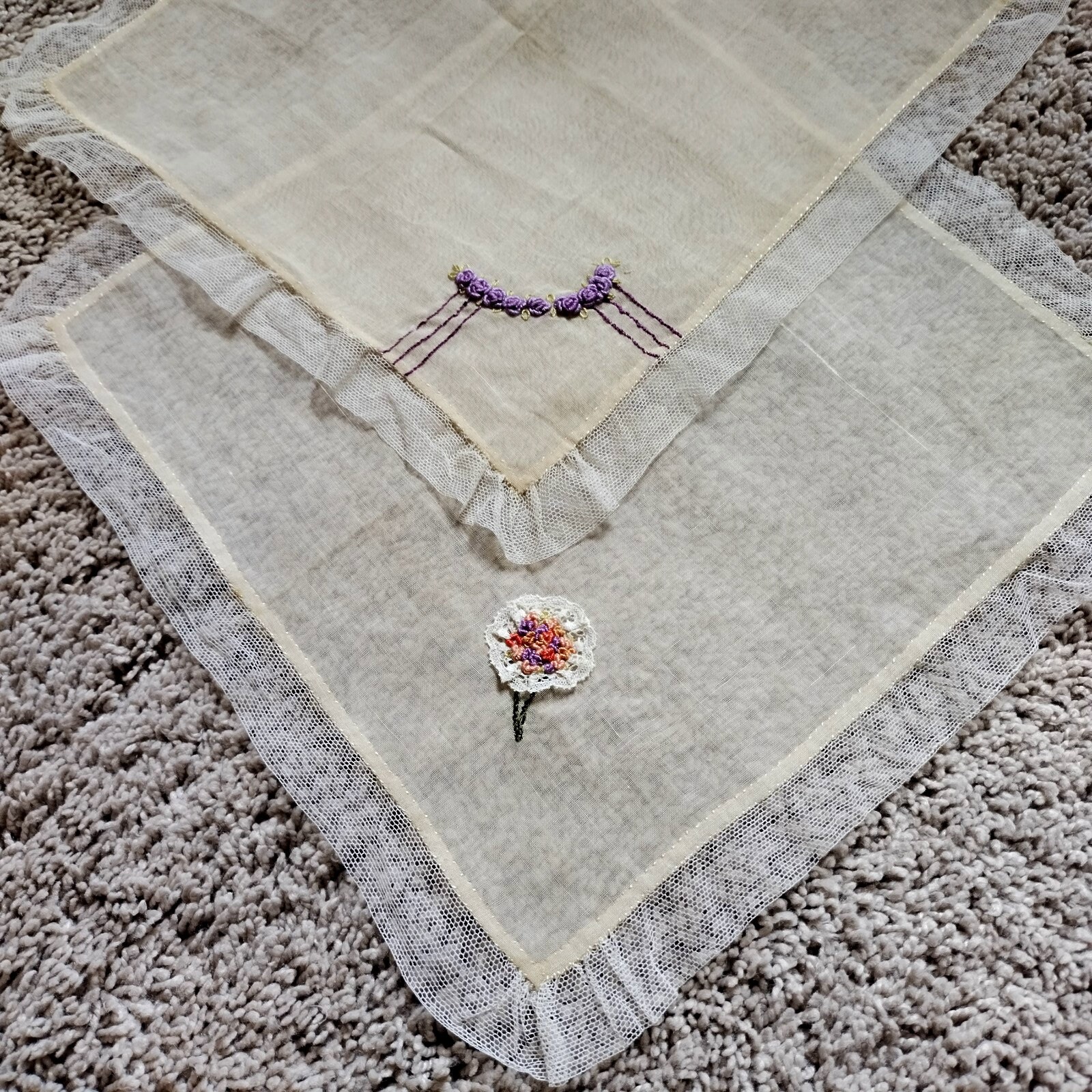 Vintage Handkerchiefs 2 Ivory Color Lace Trimmed Sheer Organza Simply ...