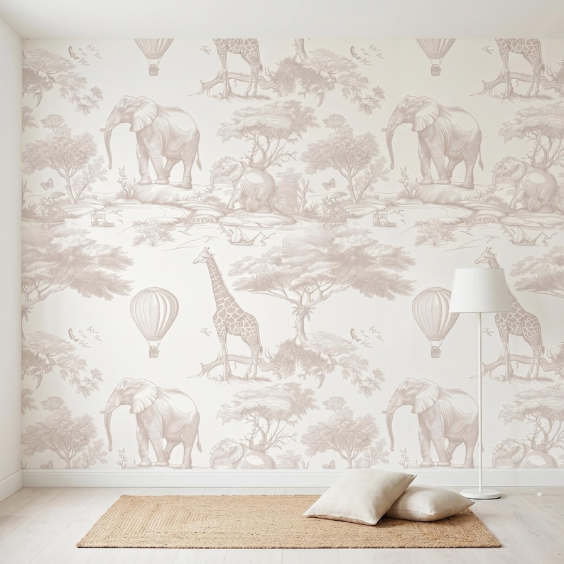 Toile Safari Nursery Wallpaper, Beige Jungle Animals, Hot Air Balloon ...