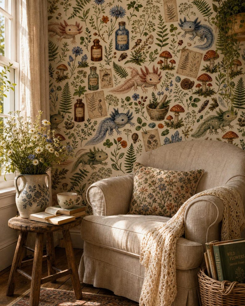 Vintage Axolotl Wallpaper, Botanical Cottagecore Wall Mural, Mushroom ...