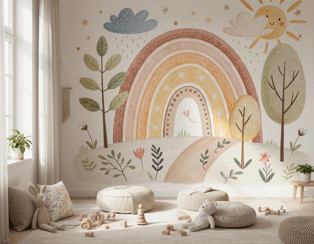 Neutral Boho Rainbow Wallpaper Mural, Kids Nursery Decor, Peel and ...