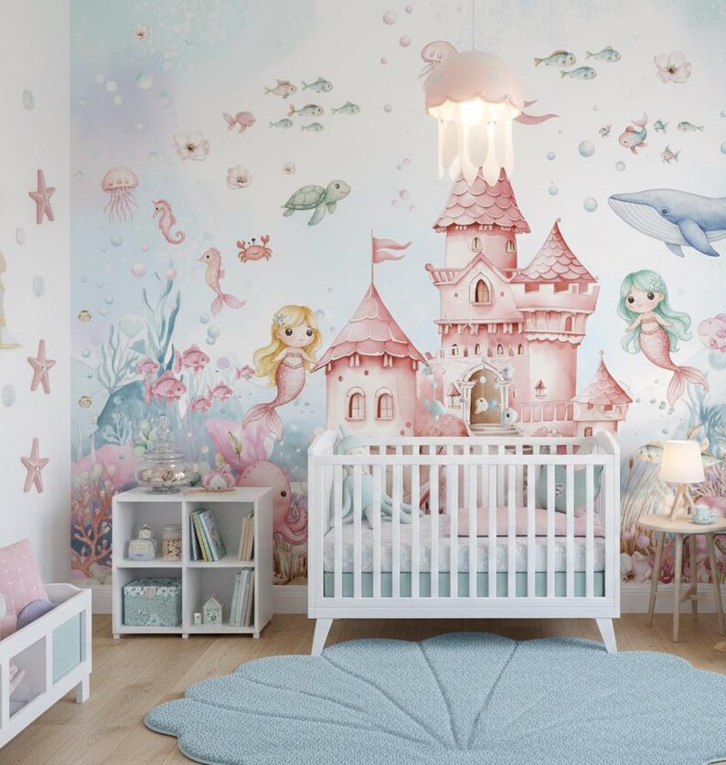 Mermaid Nursery Wallpaper Underwater Wall Mural for Girls Room Peel and ...