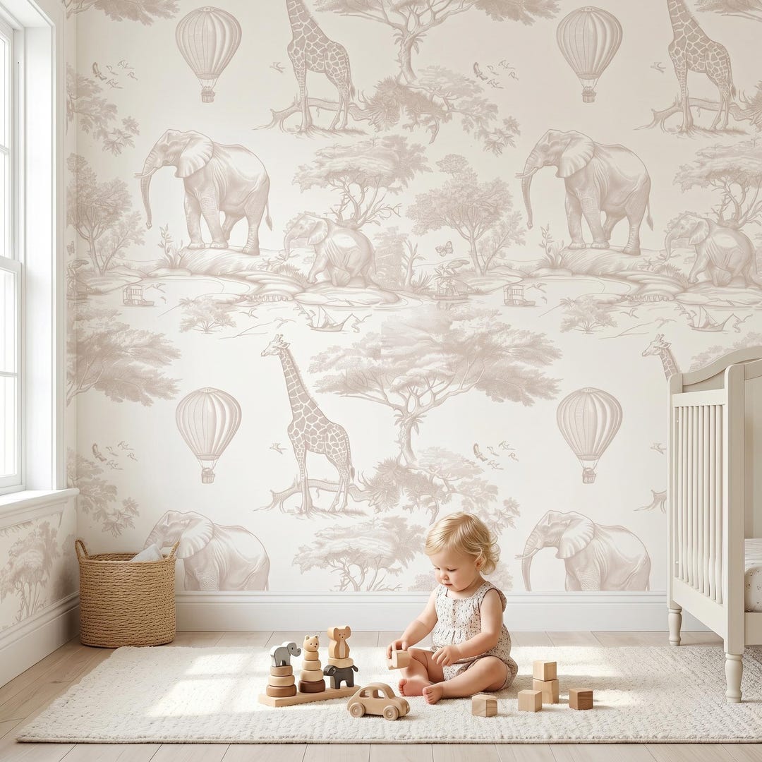 Toile Safari Nursery Wallpaper, Beige Jungle Animals, Hot Air Balloon ...