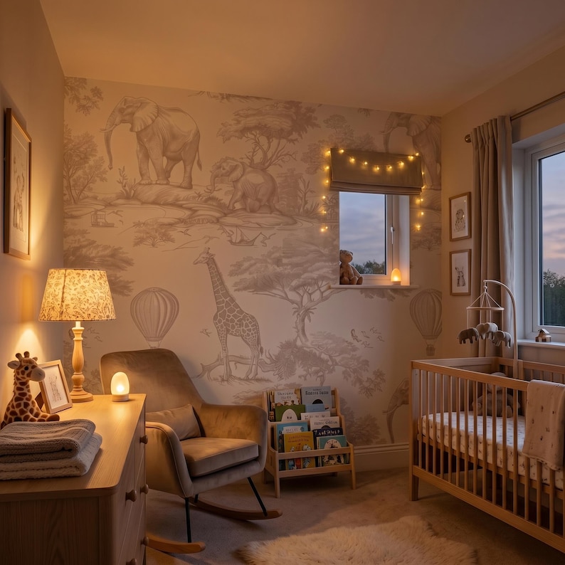 Toile Safari Nursery Wallpaper, Beige Jungle Animals, Hot Air Balloon ...
