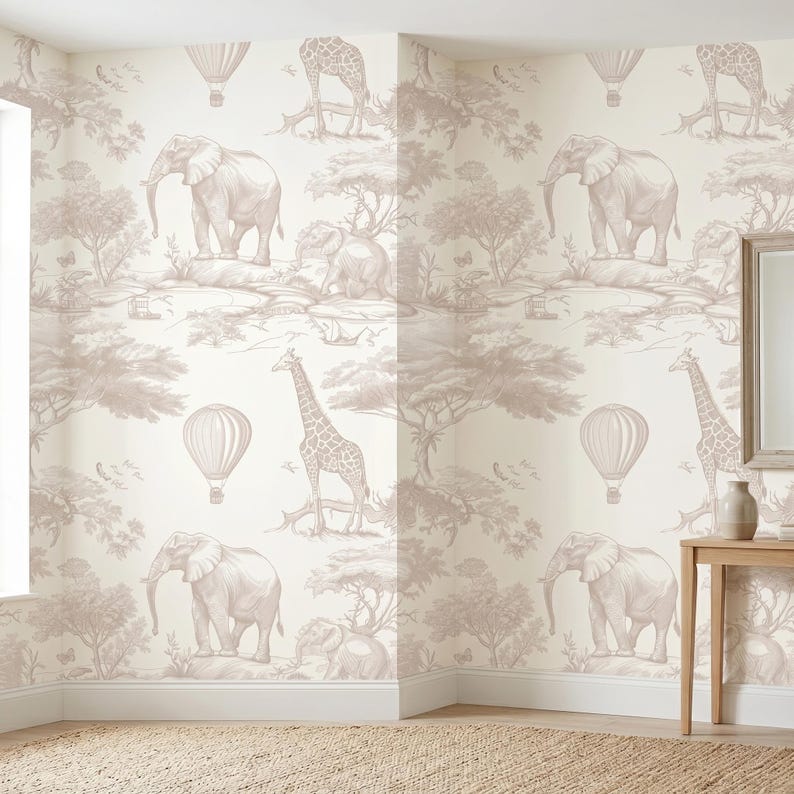 Toile Safari Nursery Wallpaper, Beige Jungle Animals, Hot Air Balloon ...