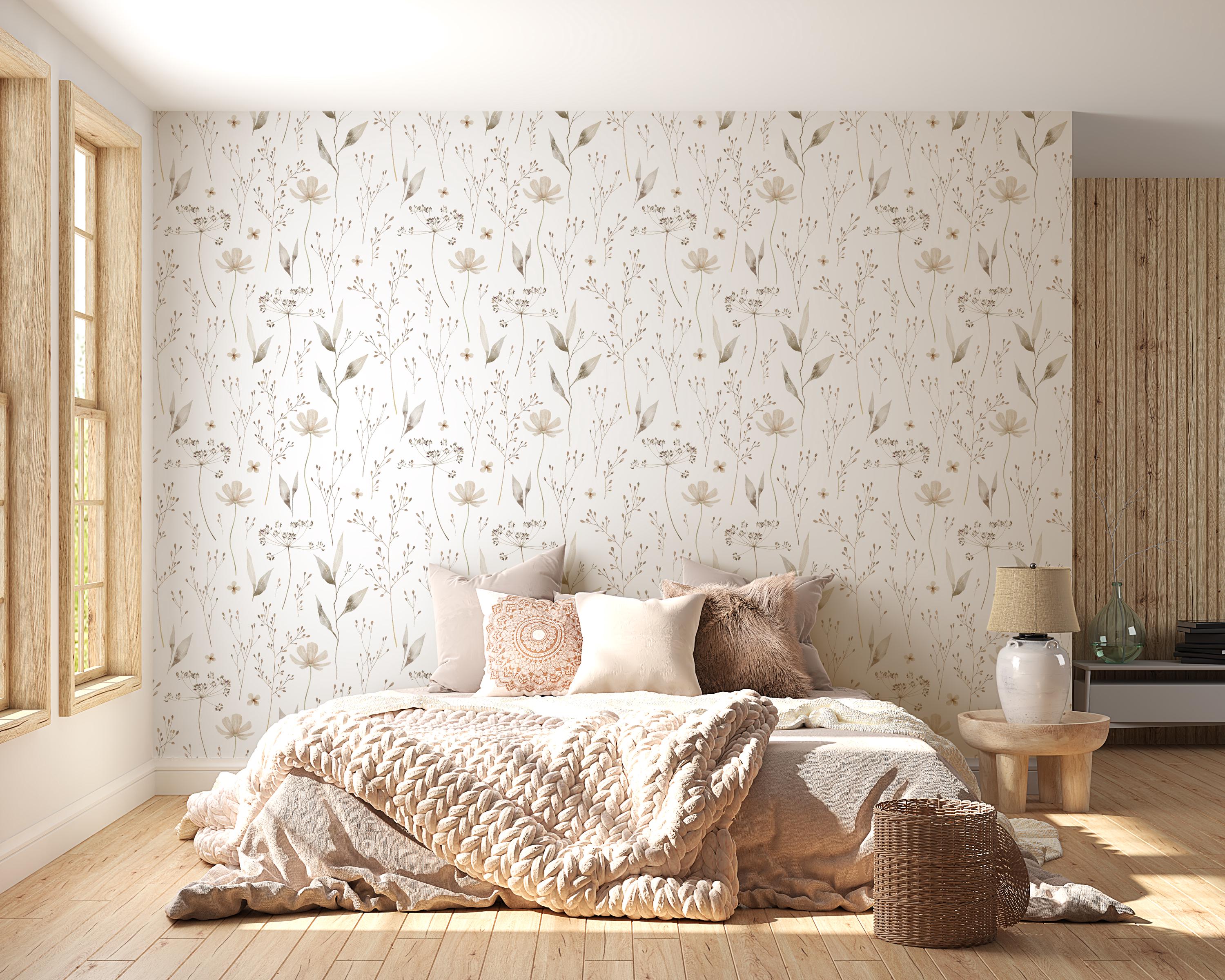 Beige Floral Wallpaper: Minimalist Peel and Stick Accent Wall - Etsy