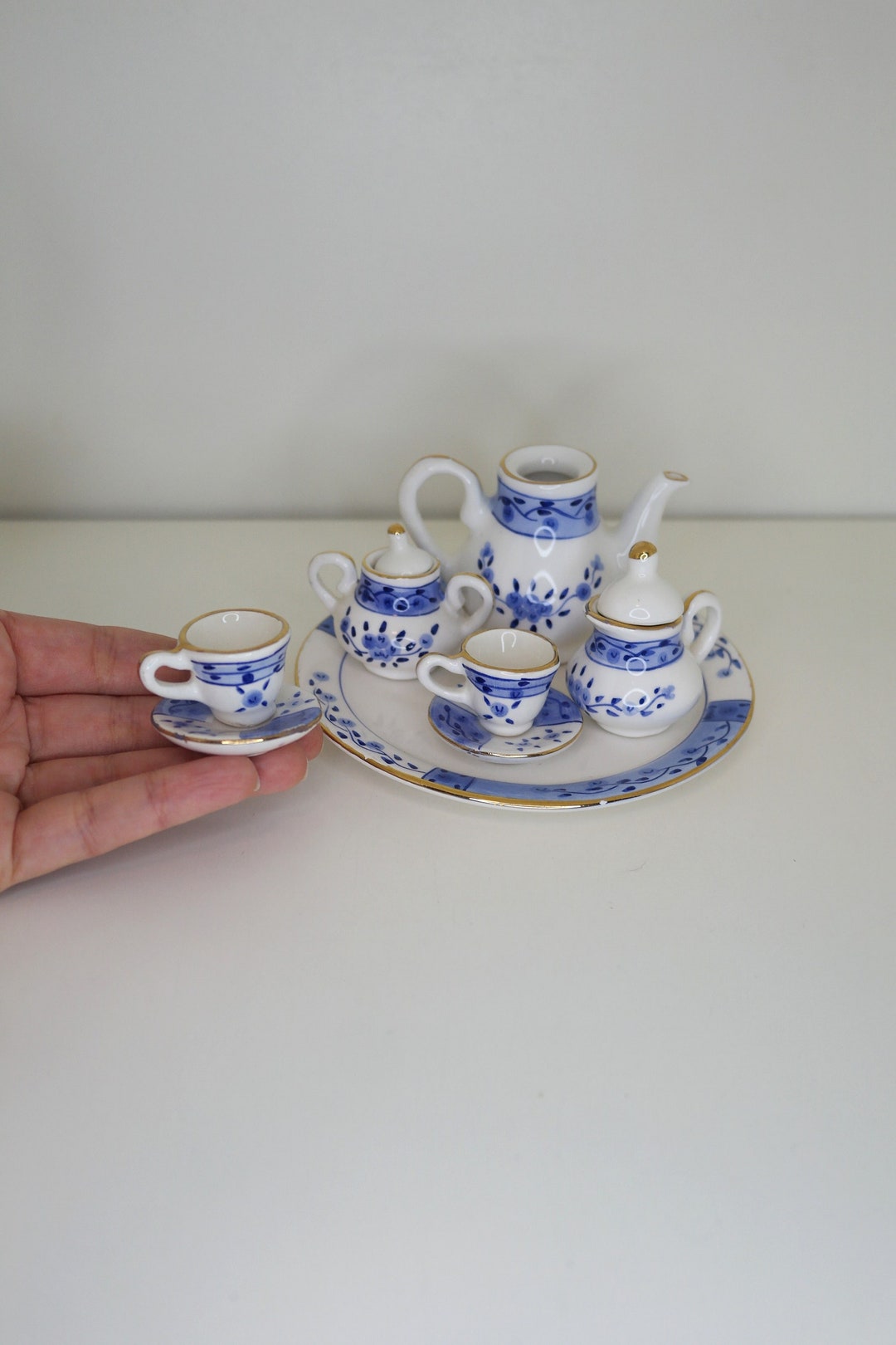Vintage Mini Ceramic Pottery Tea Set - Miniature Dishware: Plate Cups ...