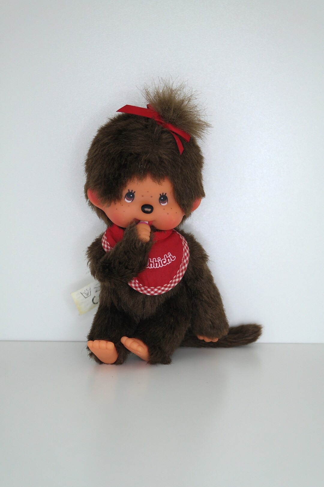 Vintage Monchhichi Doll Sekiguchi Monkey Girl With Red Ribbon and Bib ...