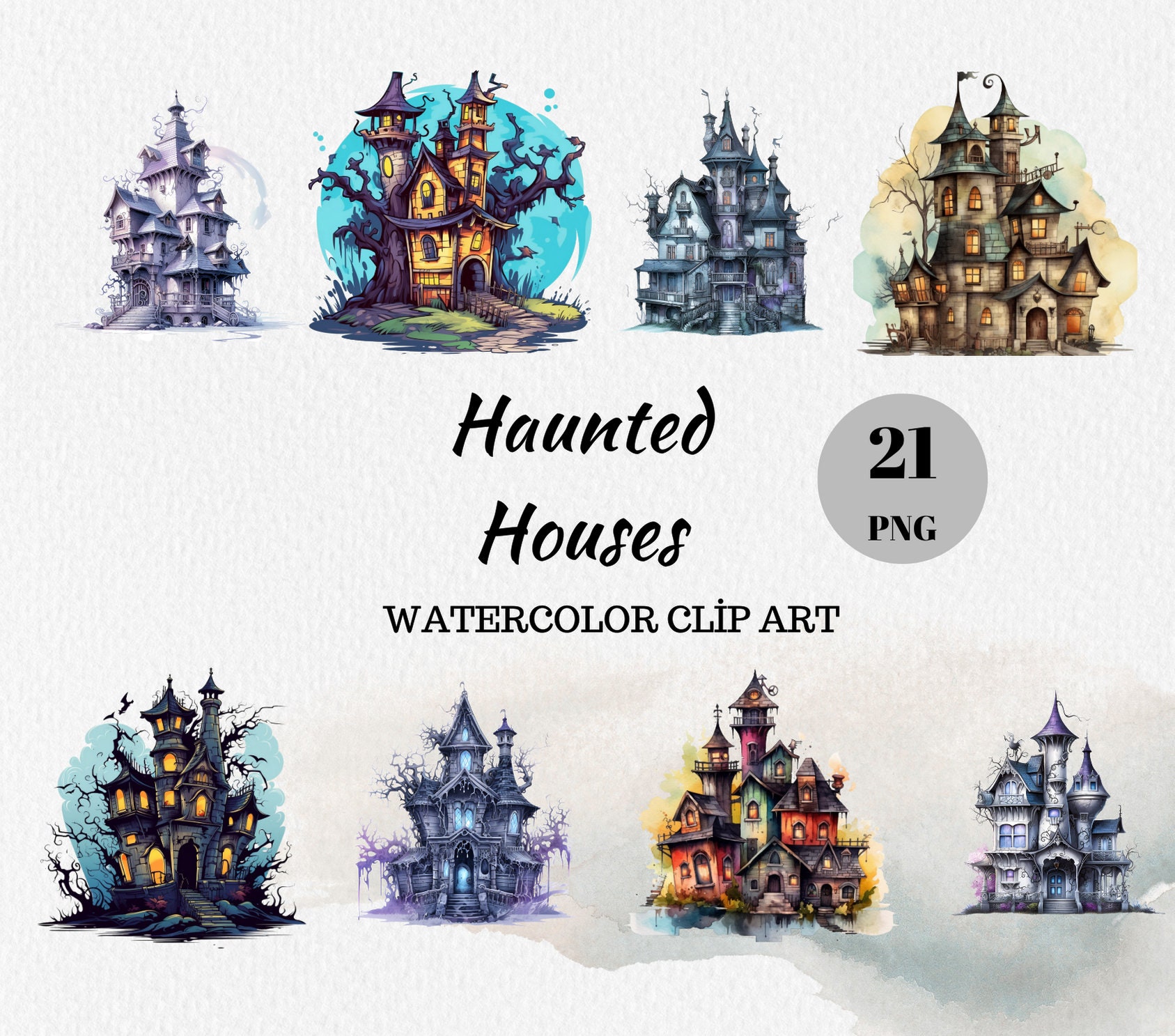 Haunted Houses Clipart Bundle Watercolor Halloween PNG Spooky Collage ...