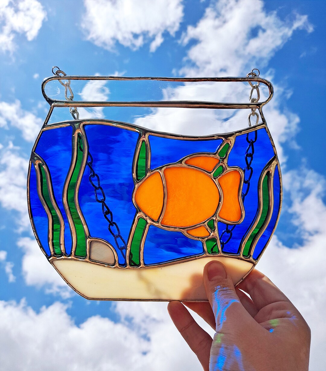 Handmade Stained Glass Gold Fish in Bowl - Etsy