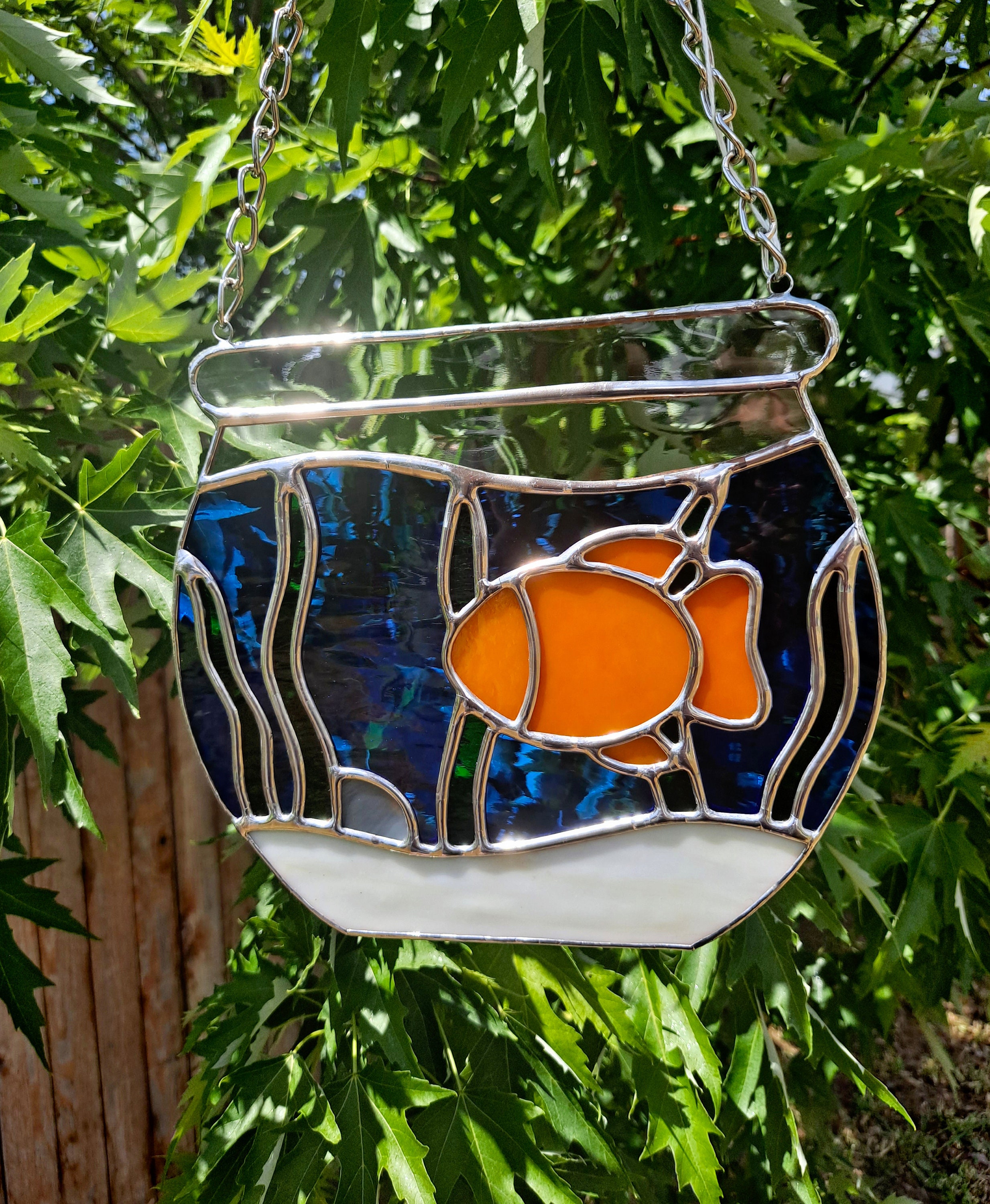 Handmade Stained Glass Gold Fish in Bowl - Etsy