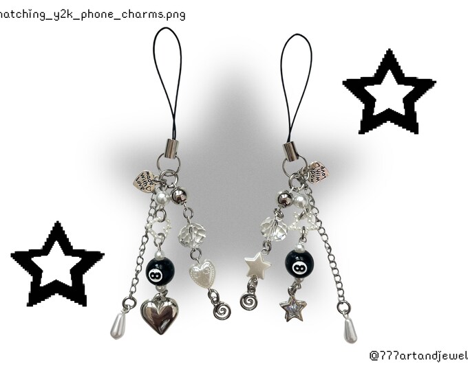Y2K Black and Silver Themed Matching 8-ball Star Heart Phone Charms ...