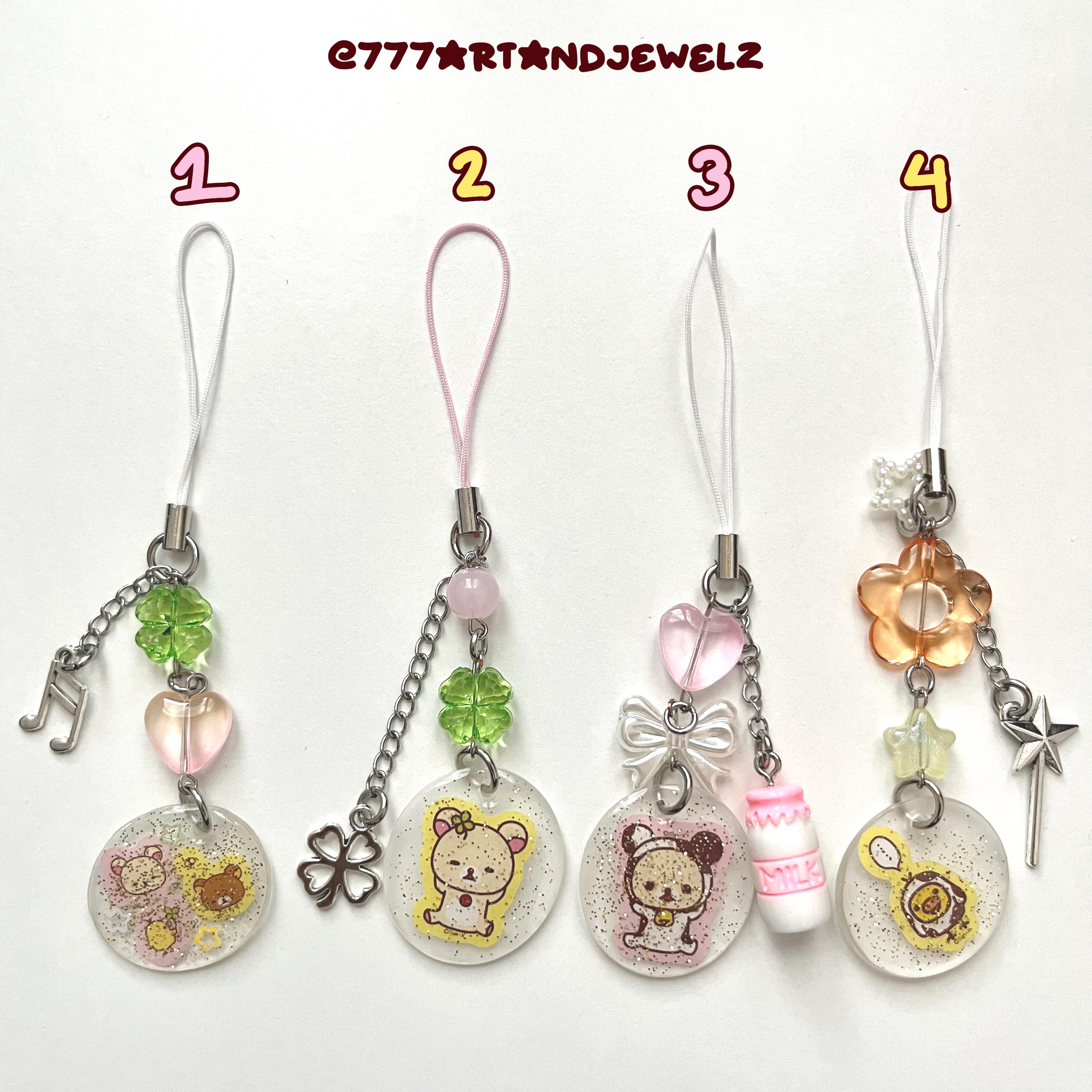 Pink Rilakkuma Korilakkuma Inspired Beaded Phone Charms, Lucky Clover ...