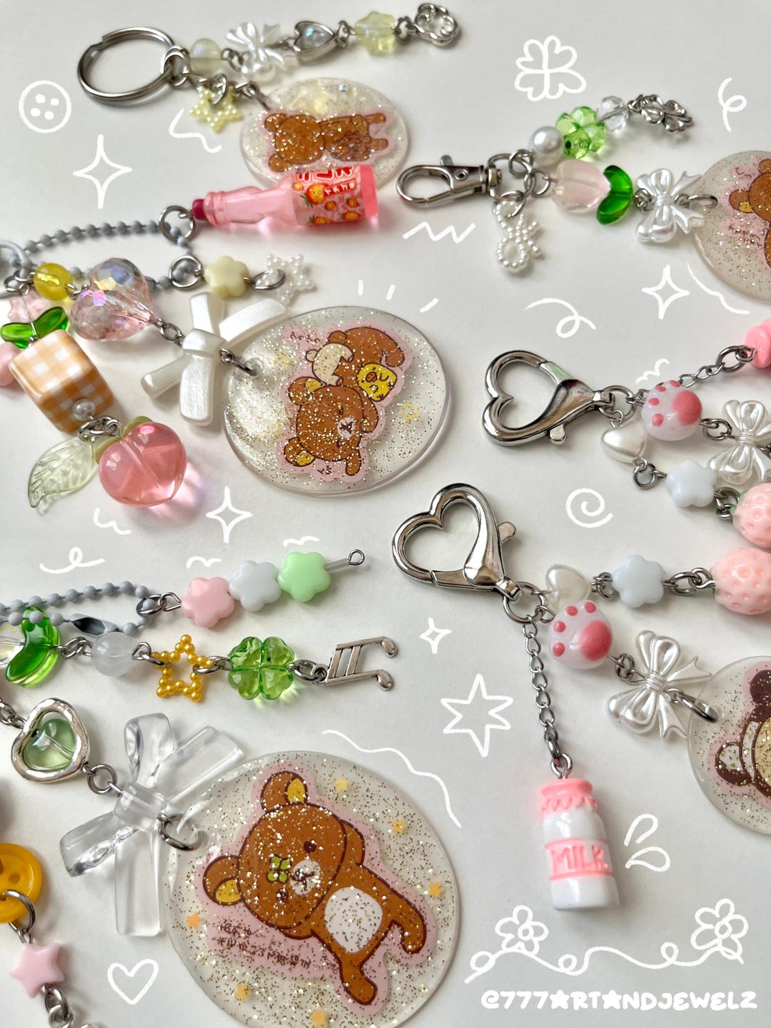 Pink Rilakkuma Korilakkuma Inspired Beaded Keychains, Lucky Clover ...