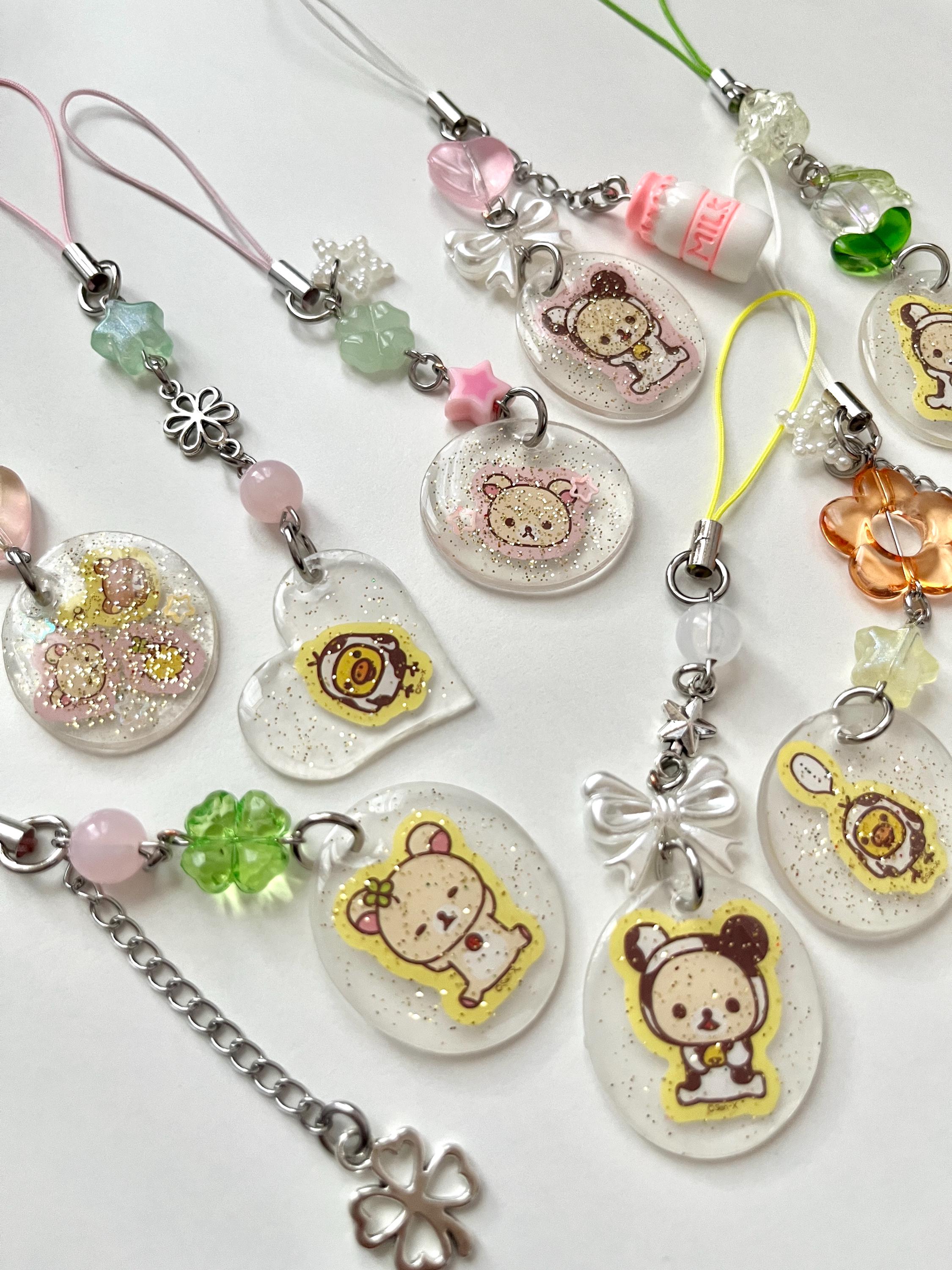 Pink Rilakkuma Korilakkuma Inspired Beaded Phone Charms, Lucky Clover ...
