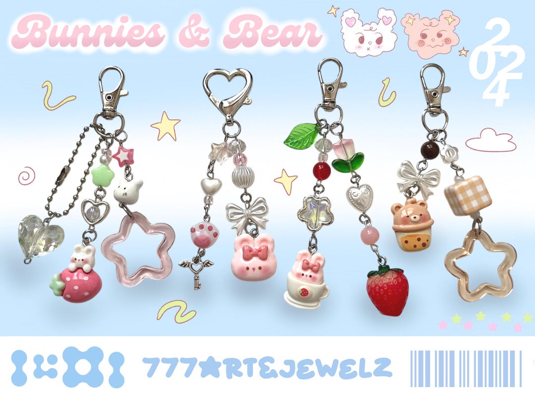 Cute Pastel Strawberry Bunny Boba Bear Keychains| Pinterest Bag Charm ...