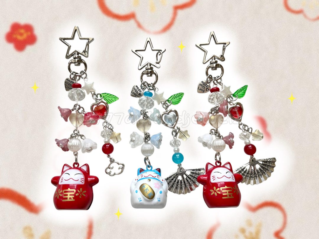 Maneki-neko Lucky Cat Japanese Bell Beaded Keychain, Bag Charm, Star ...