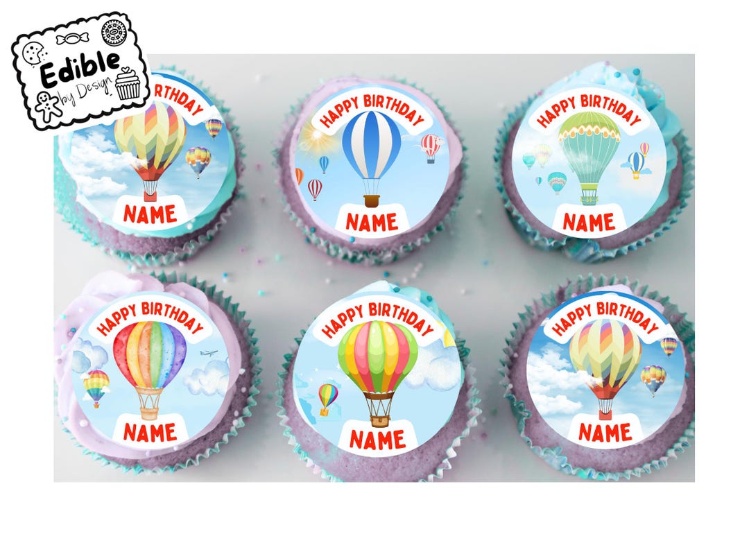 Hot Air Balloon Personalised Birthday Cupcake Toppers Edible Circles ...